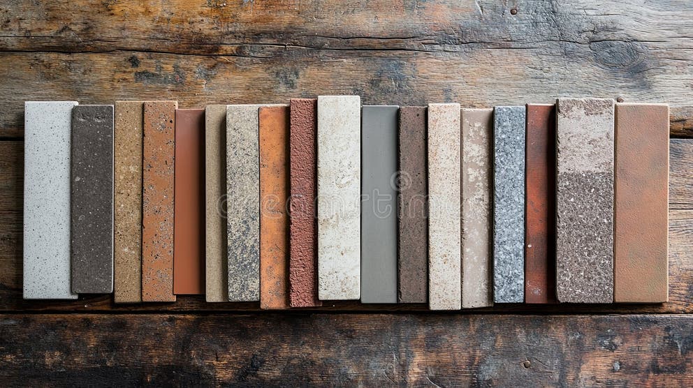 A Flat Lay of Ceramic Tile Samples Arranged in a Gradient on a Rustic ...