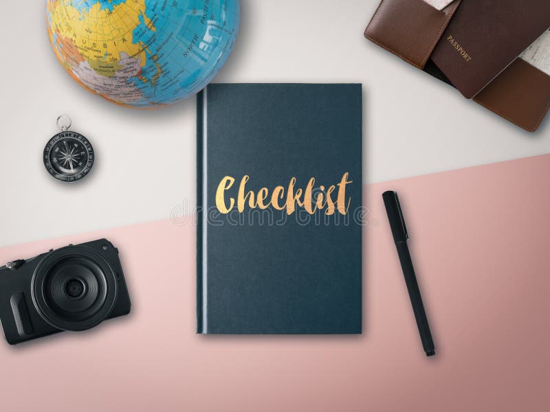 Flat Lay of Checklist Book with Travel Gadgets on Table. Stock Image ...