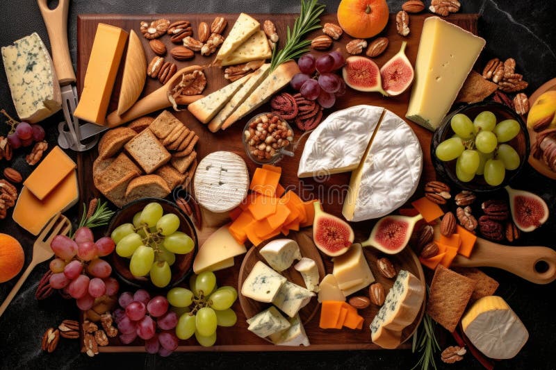 Flat Lay of a Cheese Board with Various Types of Cheese Stock ...