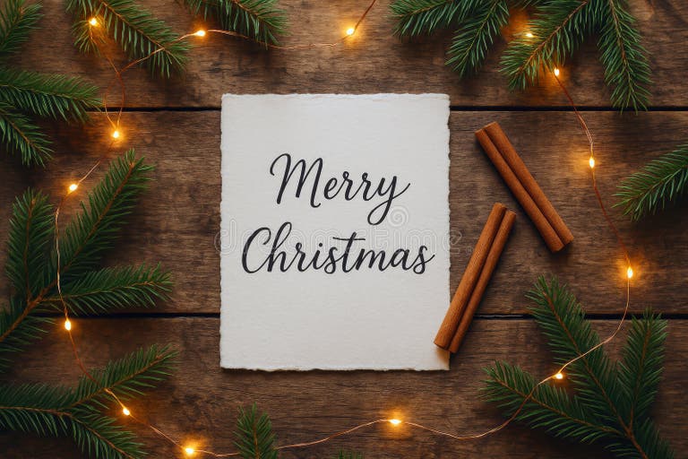 Flat Lay of Christmas Card with Pine and Lights Stock Image - Image of branches, cinnamon: 394225461