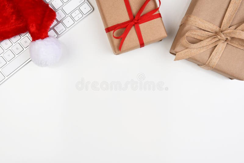 Flat Lay Christmas Concept. a Computer Keyboard with Santa Hat and Two ...