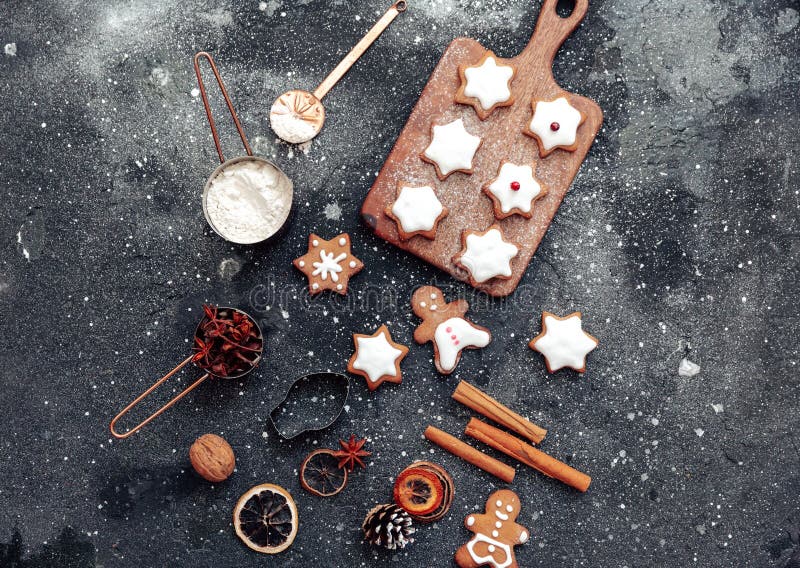Flat Lay with Christmas Cookies on Cutting Board. Stock Photo - Image ...
