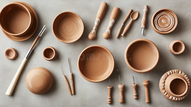 A Flat Lay of Clay Tools and Small Pots Arranged on a Clean Gray Table ...
