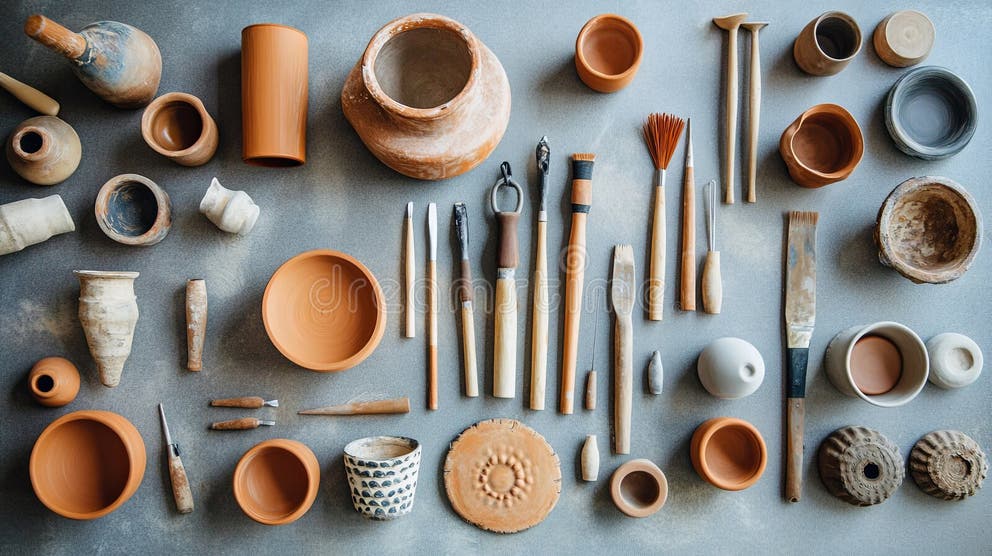 A Flat Lay of Clay Tools and Small Pots Arranged on a Clean Gray Table ...