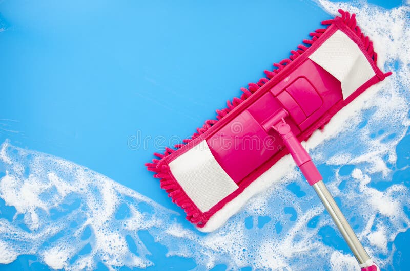 Flat Lay Cleaning with Mop Concept. Pink Microfiber Mop with Soapy ...