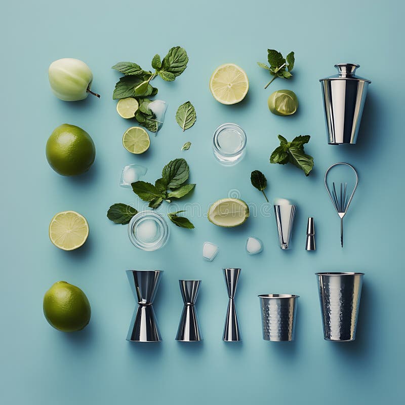 Flat Lay of Cocktail Ingredients and Tools on a Blue Background Stock ...