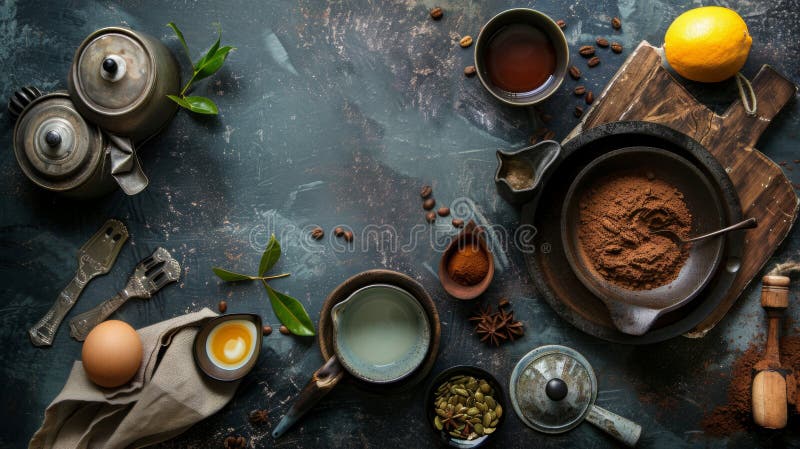 Flat-lay of Cocoa Powder, Spices, and Rustic Kitchen Tools on Dark ...