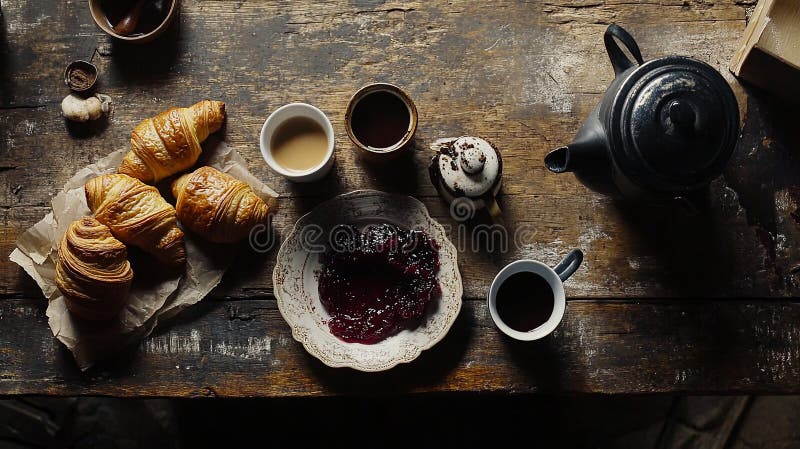Flat Lay of Coffee Cups, Croissants, and Jam on a Rustic Table Stock ...