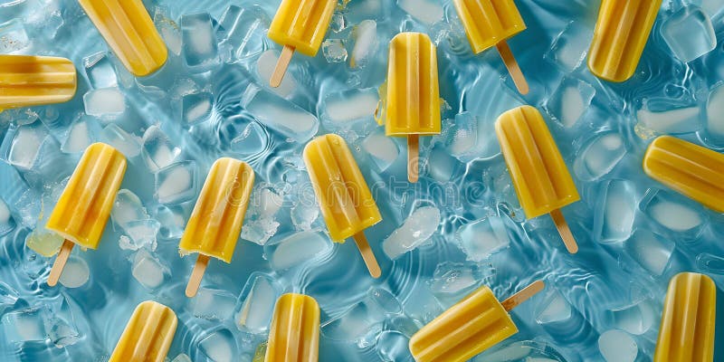 Top View of Yellow Banana Popsicles on Blue Pool Water with Ice. Summer ...