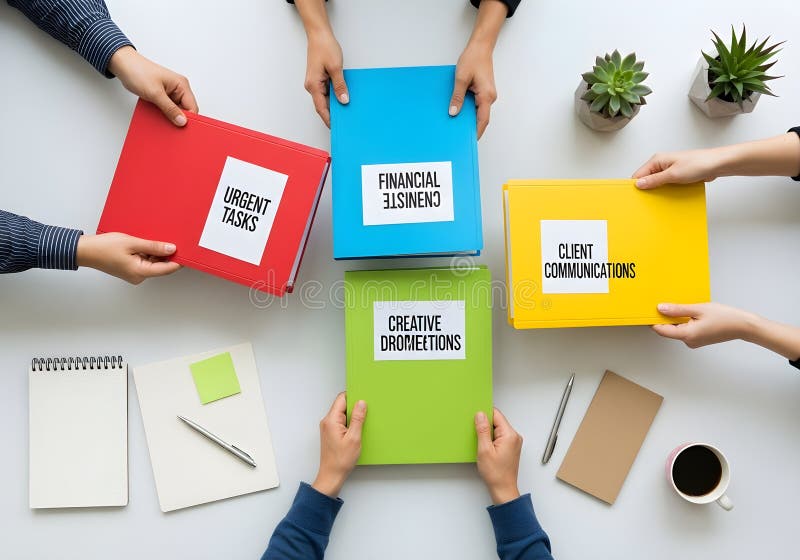 Flat Lay of Color-coded Office Folders Being Handed between Team ...