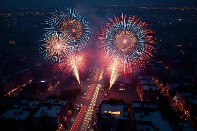 A Flat Lay of Colorful Fireworks Exploding Over a Bustling City Street ...