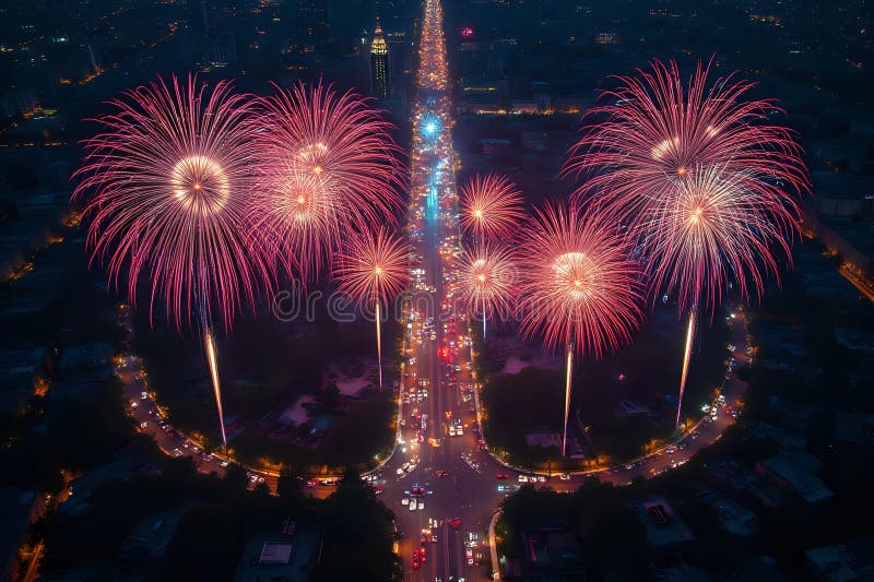 A Flat Lay of Colorful Fireworks Exploding Over a Bustling City Street ...