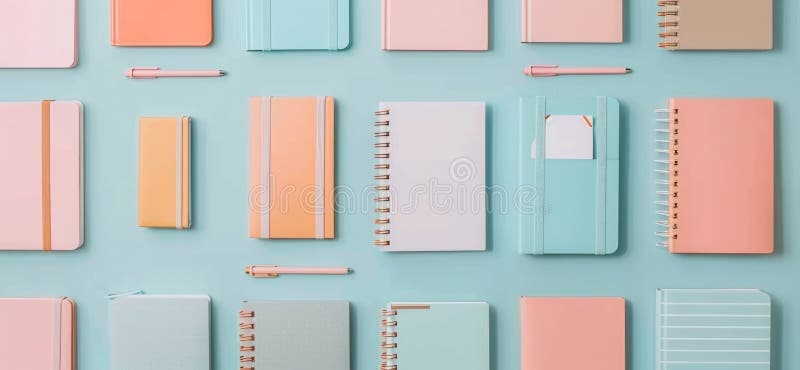 Flat Lay of Colorful Notebooks on Blue Background Stock Image - Image ...