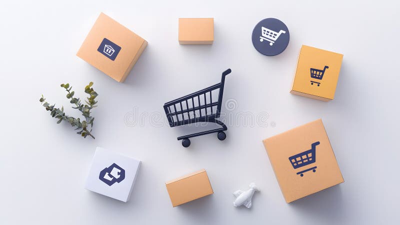 Flat Lay of Commerce Icons Featuring Shopping Elements and Packages ...