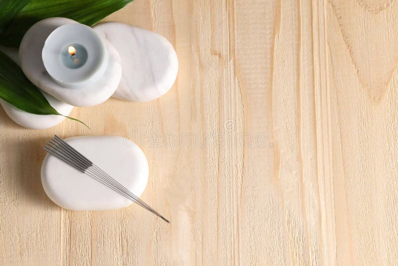 Flat Lay Composition with Acupuncture Needles on Wooden Table, Space ...
