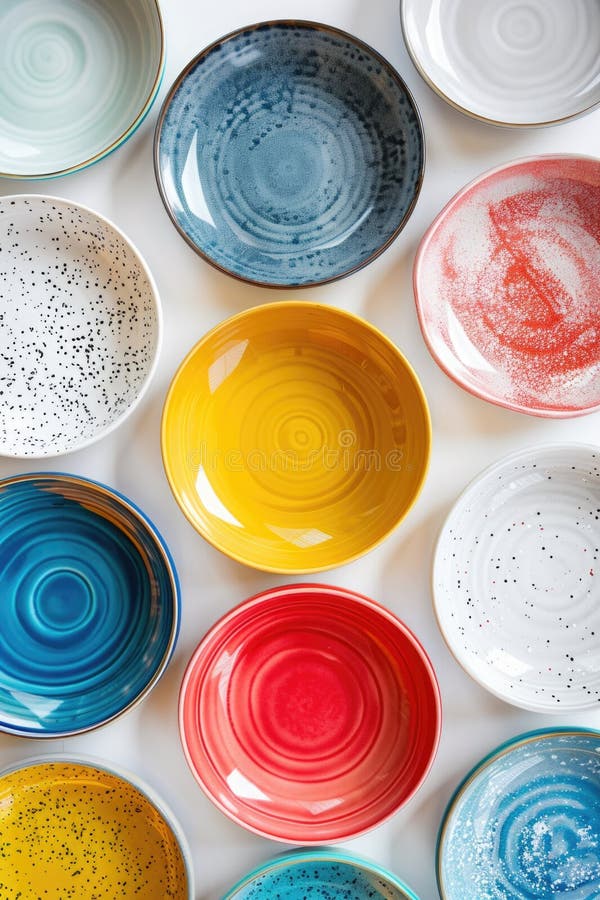 Flat Lay Composition of Assorted Colorful Ceramic Dishes Stock ...