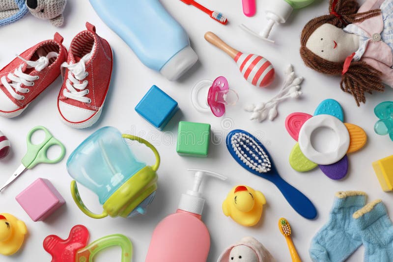 Flat Lay Composition with Baby Accessories Stock Photo - Image of ...