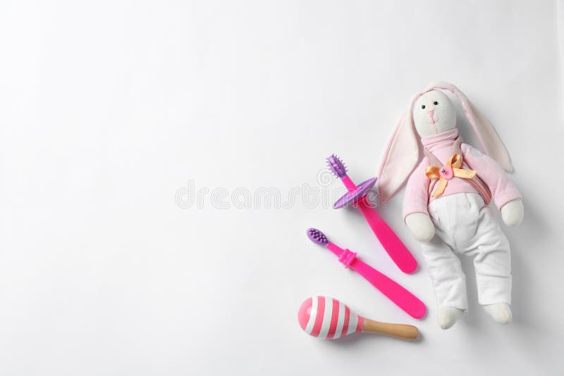 Flat Lay Composition with Baby Accessories on White Background Stock ...
