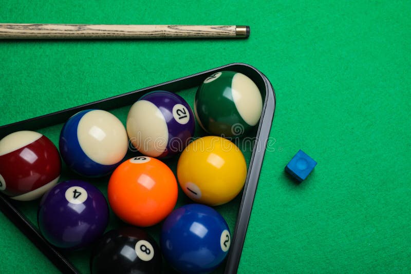 Flat Lay Composition with Balls and Cue on Billiard Table Stock Image ...