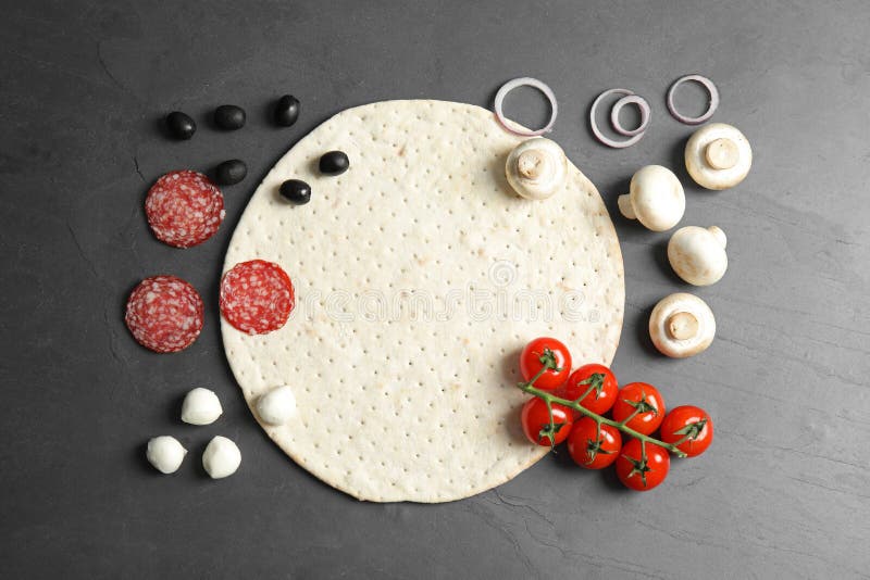 Flat Lay Composition with Base and Ingredients for Pizza Stock Photo ...
