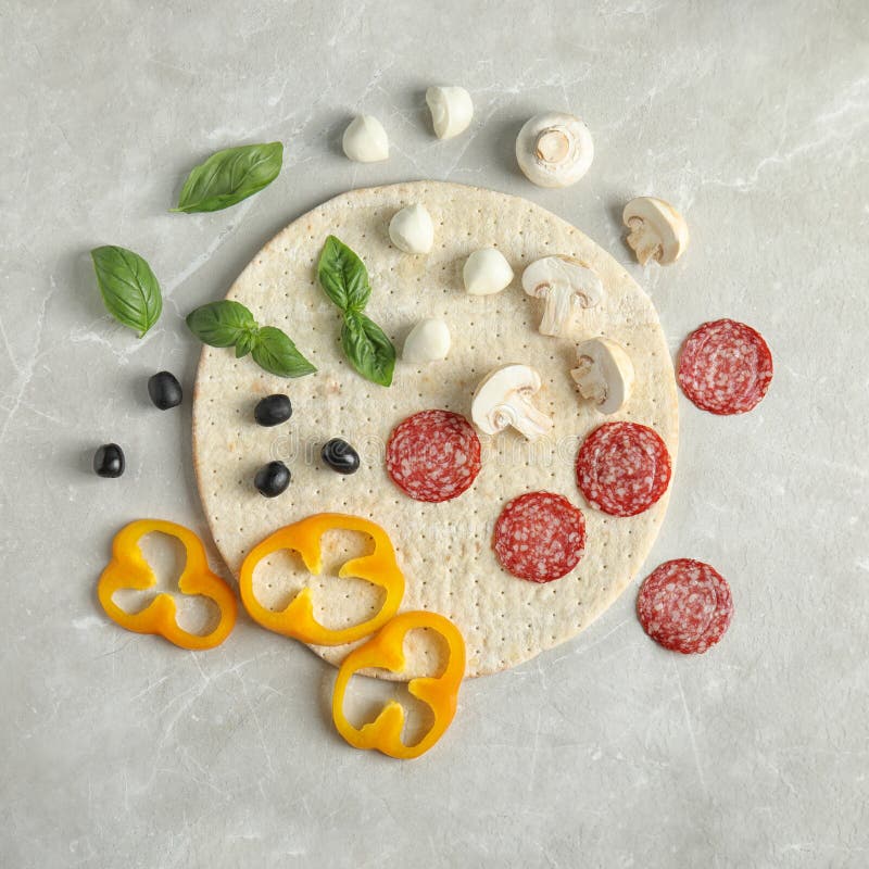 Flat Lay Composition with Base and Ingredients for Pizza Stock Image ...