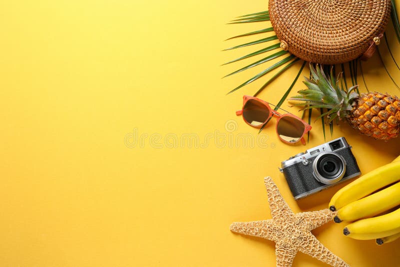Flat Lay Composition with Beach Accessories on Color Background Stock ...