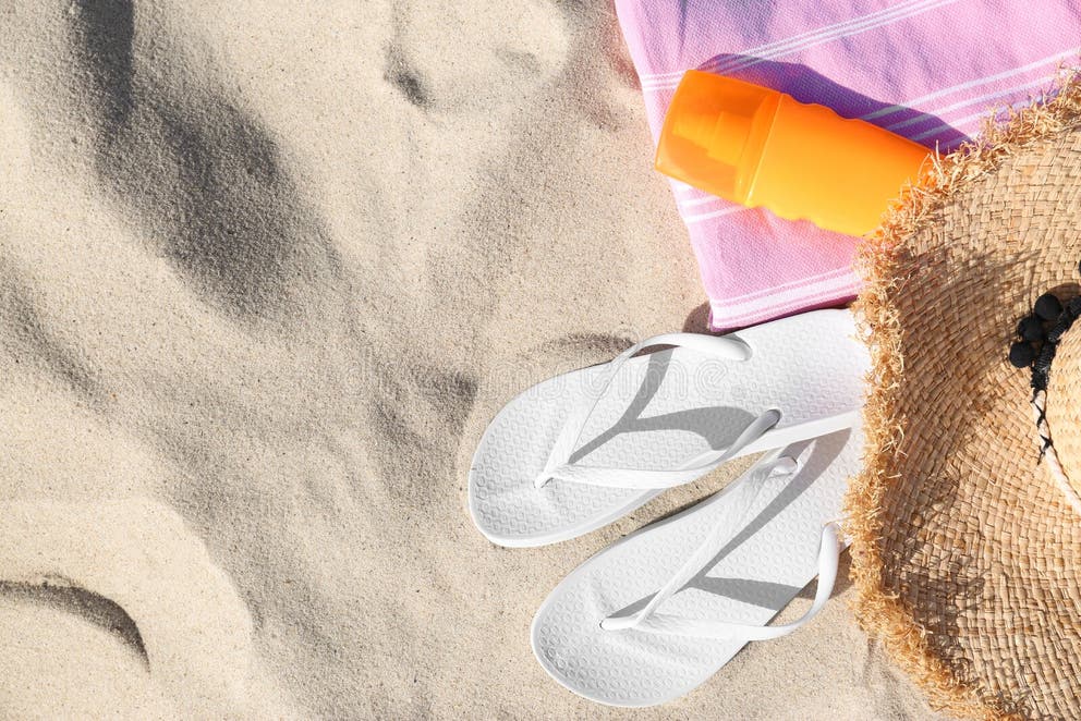 Flat Lay Composition with Beach Accessories on Sand Stock Image - Image ...