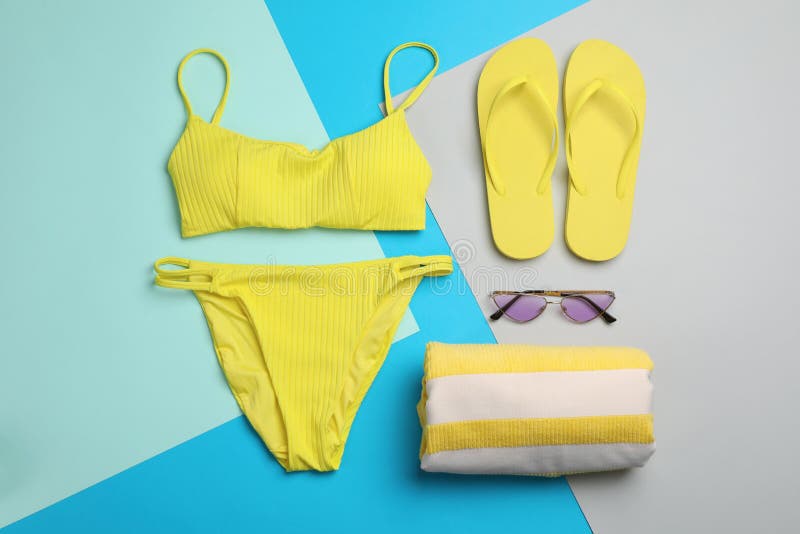 Flat Lay Composition with Beach Objects on Color Background Stock Photo ...