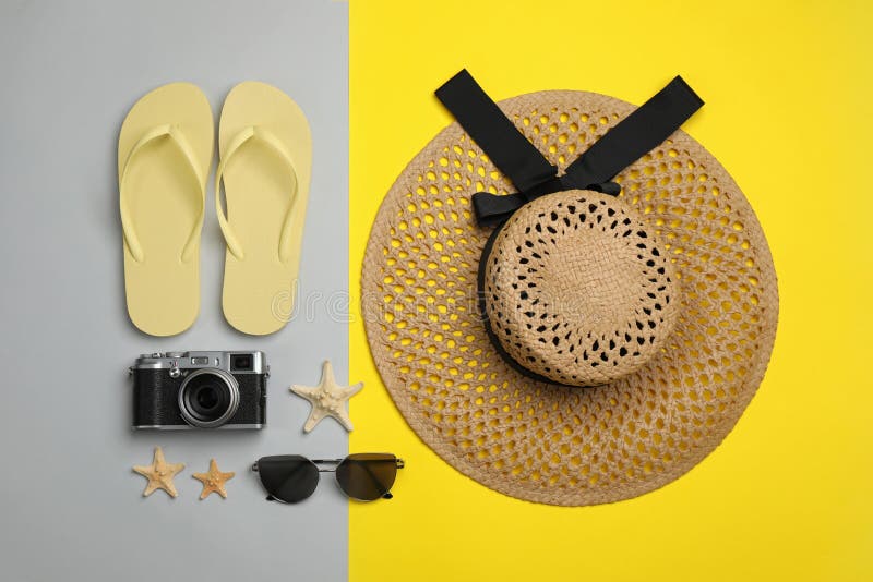 Flat Lay Composition with Beach Objects on Color Background Stock Photo ...