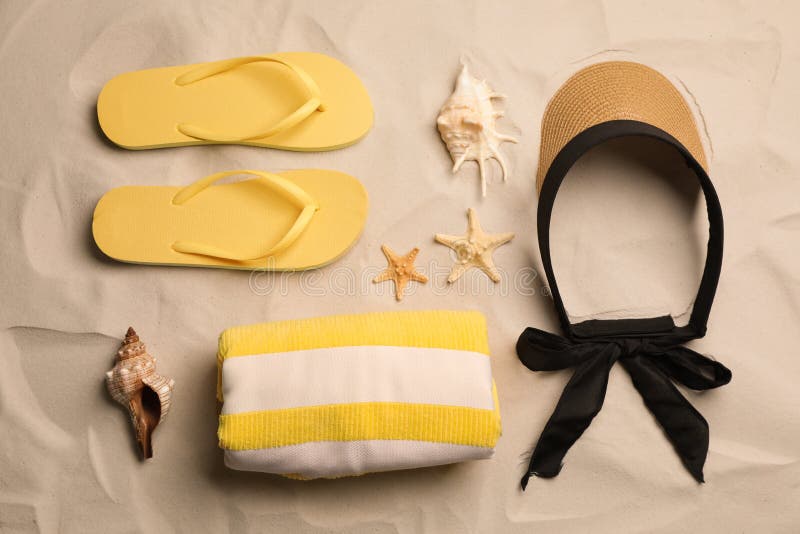Flat Lay Composition with Beach Objects on Sand Stock Photo - Image of ...