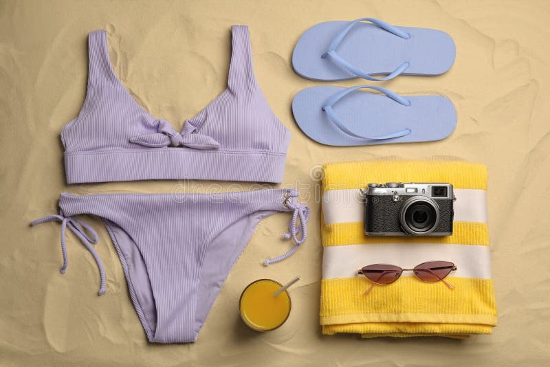 Flat Lay Composition with Beach Objects on Sand Stock Photo - Image of ...