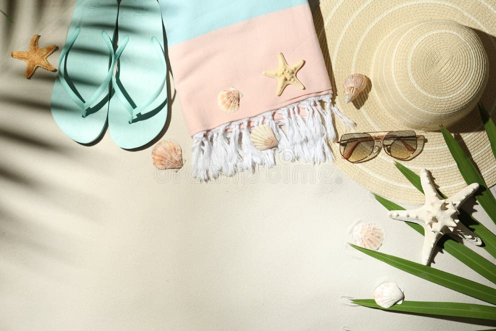 Flat Lay Composition with Beach Objects on Sand. Space for Text Stock ...