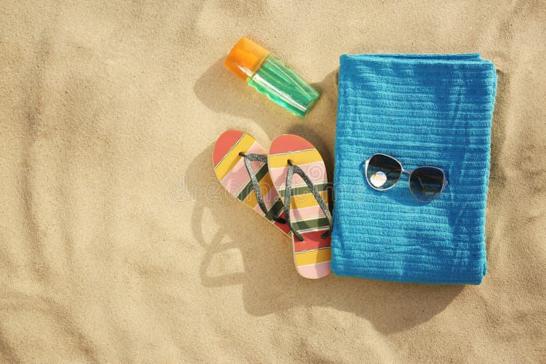 Flat Lay Composition of Beach Objects and Towel on Sand Stock Photo ...