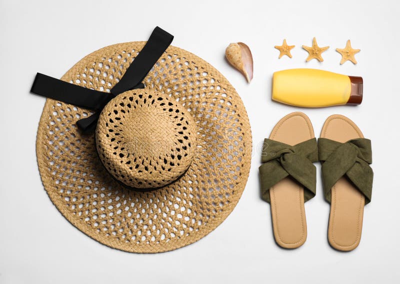 Flat Lay Composition with Beach Objects on White Stock Photo - Image of ...