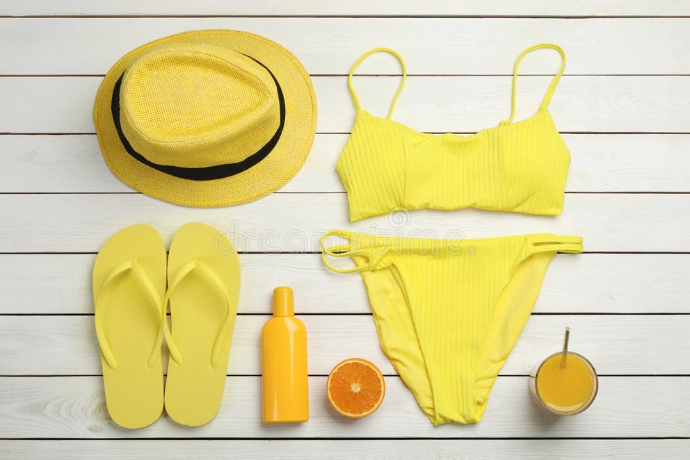 Flat Lay Composition with Beach Objects on White Wooden Background ...