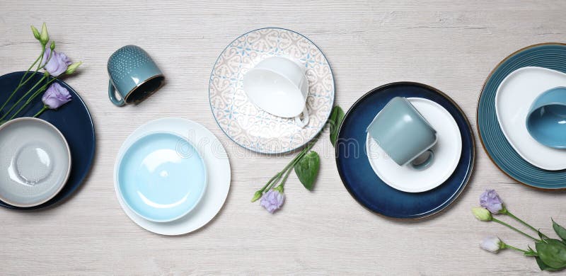 Flat Lay Composition with Beautiful Dishware and Flowers on White ...