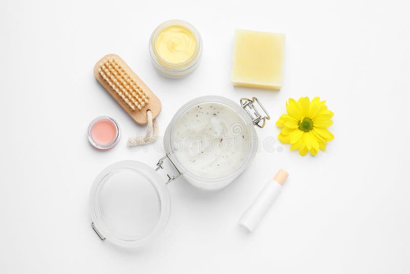 Flat Lay Composition with Beeswax Cosmetics on White Background Stock ...