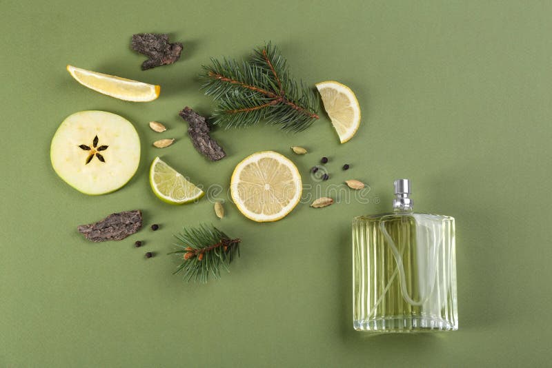 Flat Lay Composition with Bottle of Perfume on Green Background Stock ...