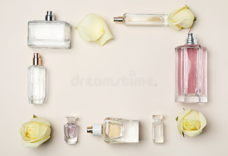 Flat Lay Composition with Bottles of Perfume Stock Photo - Image of ...