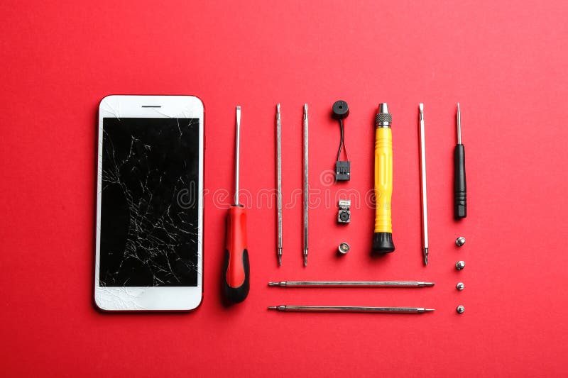 Broken Mobile Phone and Repair Tools on Table, Flat Lay. Stock Photo ...
