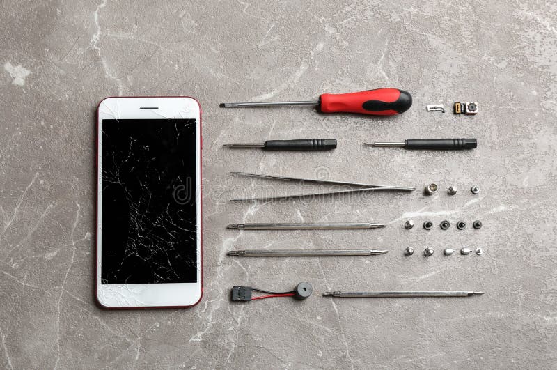Flat Lay Composition with Broken Mobile Phone and Repair Tools Stock ...
