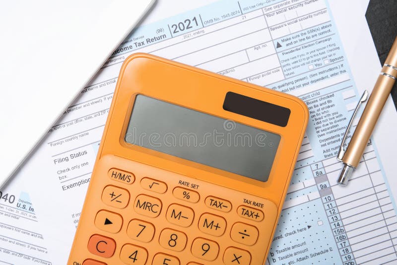 Flat Lay Composition with Calculator and Documents on Table. Tax ...
