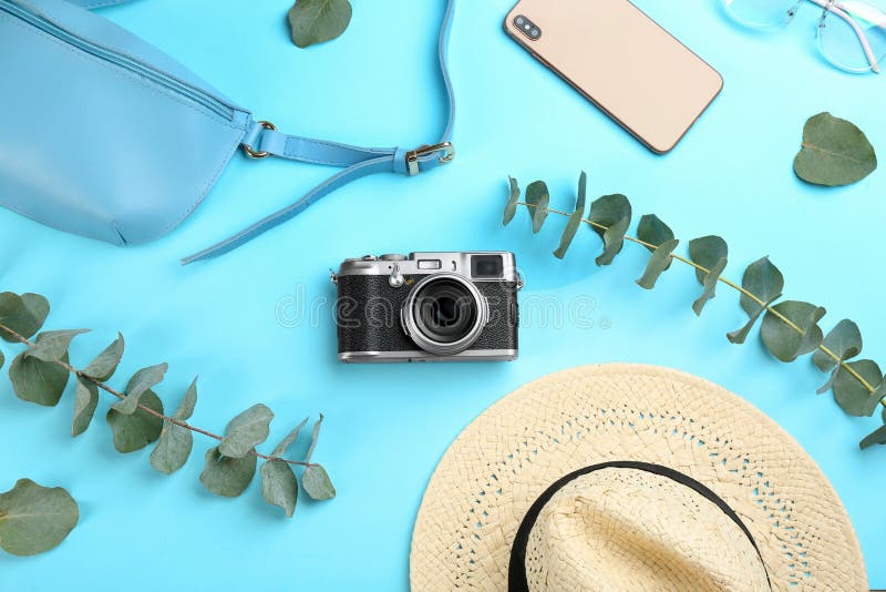 Flat Lay Composition with Camera for Professional Photographer on Blue ...