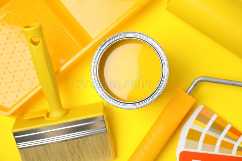 Flat Lay Composition with Can of Paint, Brush and Renovation Tools ...