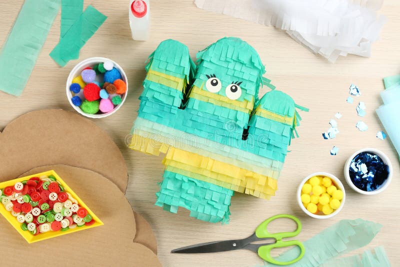 Flat Lay Composition with Cardboard Cactus on Wooden Table. Pinata Diy ...