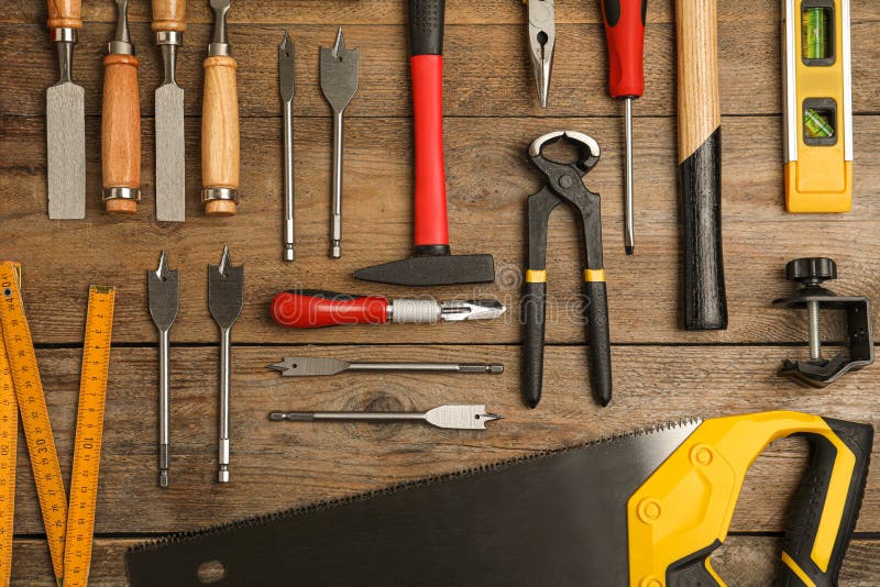 Flat Lay Composition with Carpenter`s Tools on Wooden Background Stock ...