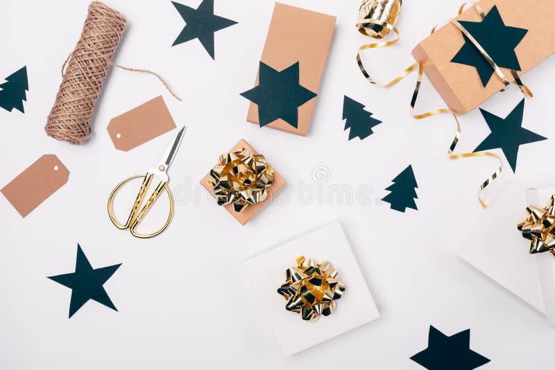 Flat Lay Composition Christmas Gifts in Packaging Process Stock Photo ...