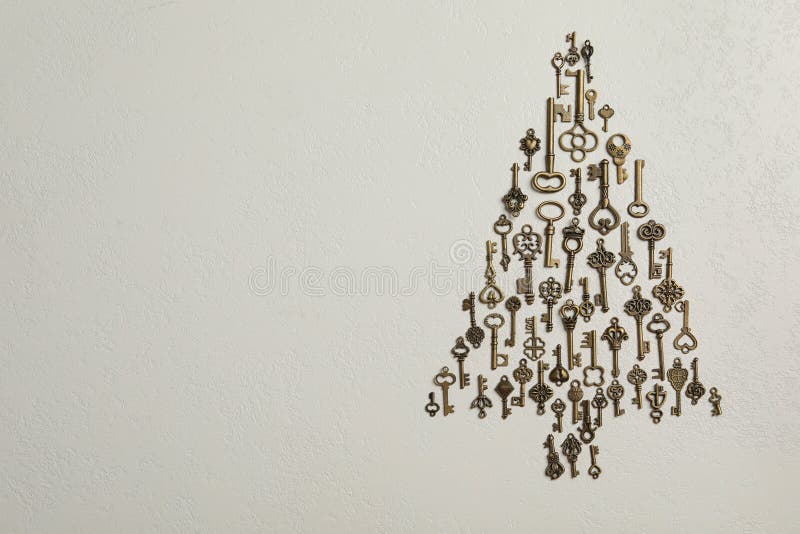 Flat Lay Composition with Christmas Tree Made of Keys on Light ...