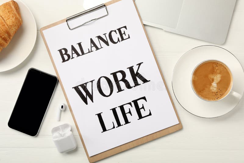 Flat Lay Composition with Clipboard on White Table. Life Work Balance ...