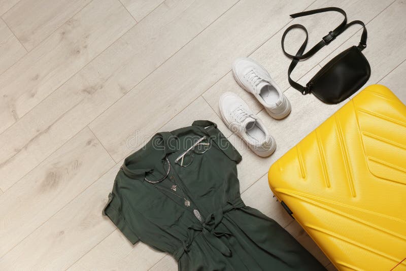 Flat Lay Composition with Clothing and Suitcase Stock Image - Image of ...